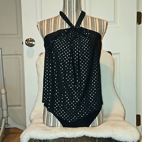 VENUS | Swim | Venus Gold Metallic Foil Polka Dot High Neck Flounce One ...